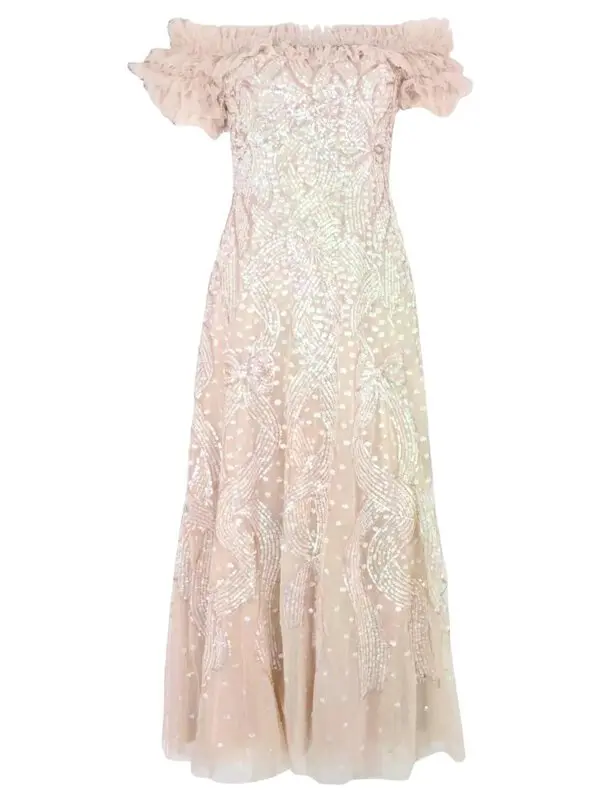 NEEDLE & THREAD Sequin-embellished Off-shoulder Midi Dress - Neutrals