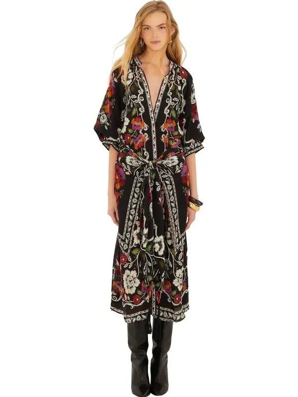 Farm Rio Floral Belted Midi Dress - Rococo Flowers Black