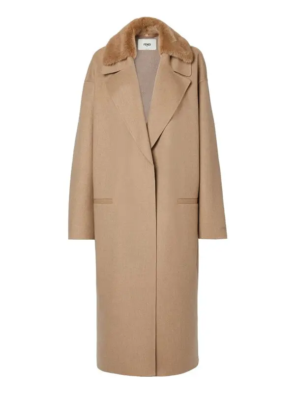 Fendi Oversized Double-face Cashmere Coat With Fur Lapels And Belt - Beige
