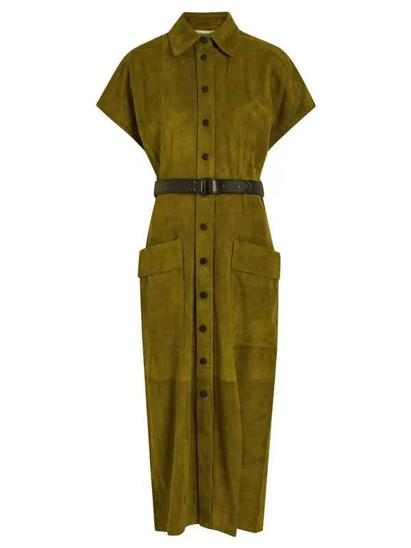 SKIIM Liza Belted Suede Midi Shirt Dress - Green
