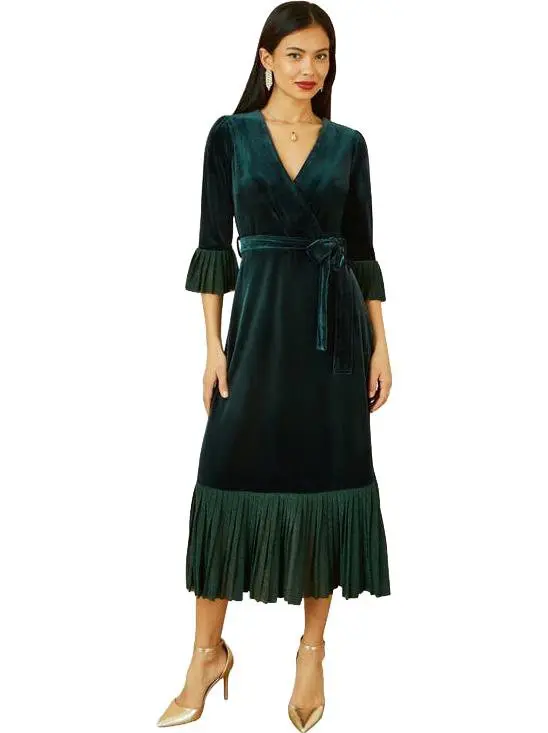 YUMI Velvet Midi Wrap Dress With Pleated Details - Green
