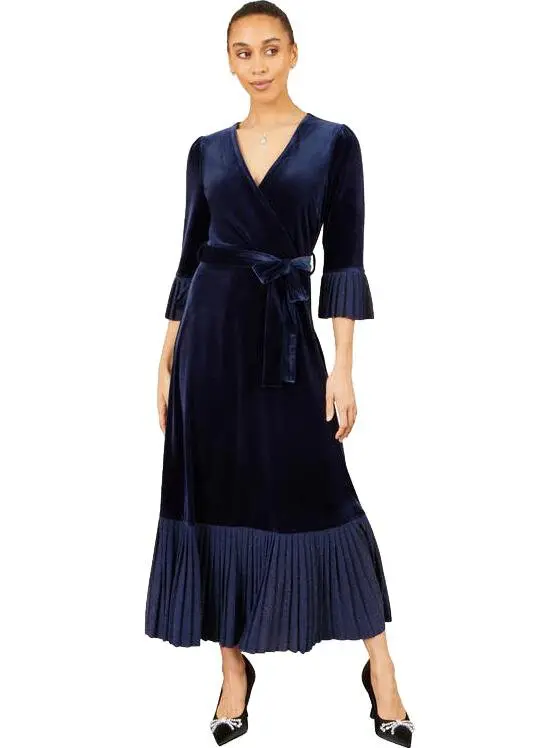 YUMI Velvet Midi Wrap Dress With Pleated Details - Navy