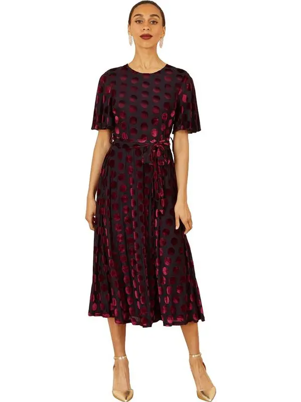 YUMI Velour Spot Midi Skater Dress - Burgundy