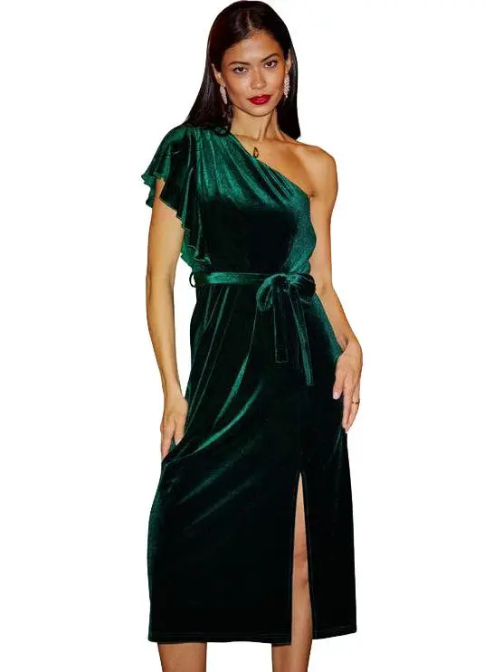 YUMI Velvet Frill One-shoulder Midi Dress - Green