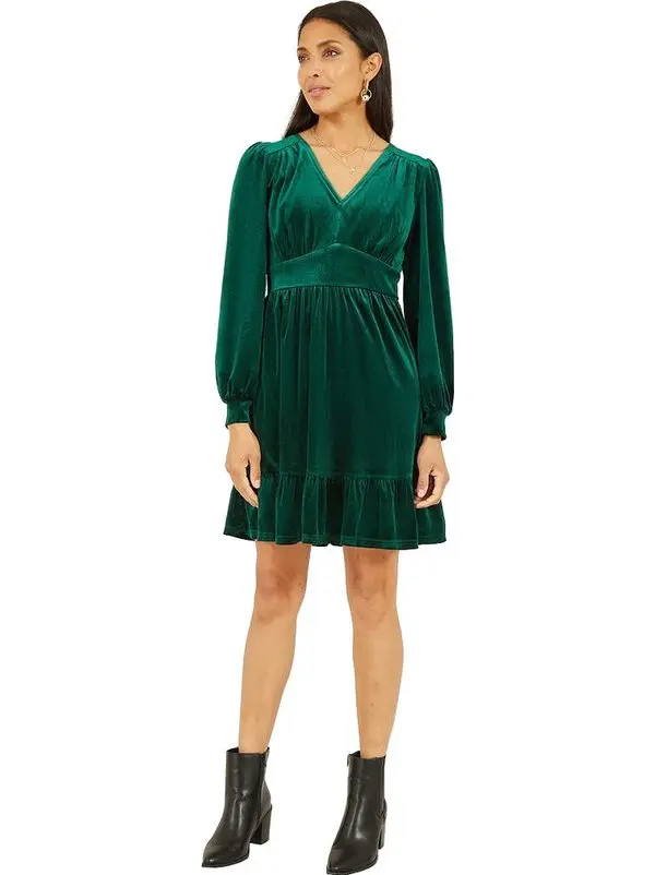 YUMI Velvet Long Sleeve Skater Dress - Green