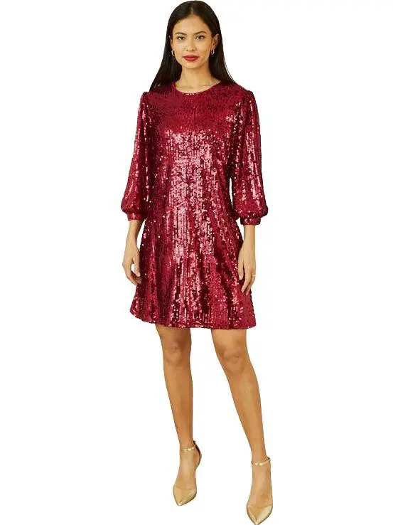 YUMI Balloon Sleeve Sequin Mini Dress - Burgundy