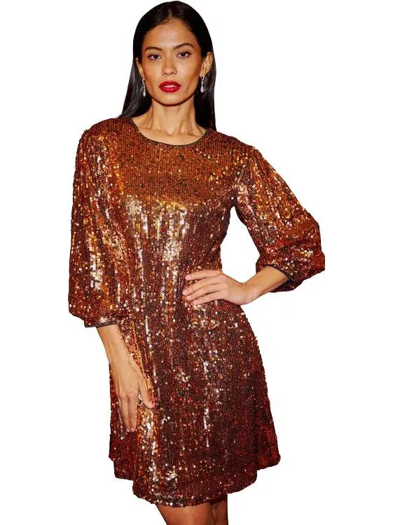 YUMI Balloon Sleeve Sequin Mini Dress - Gold