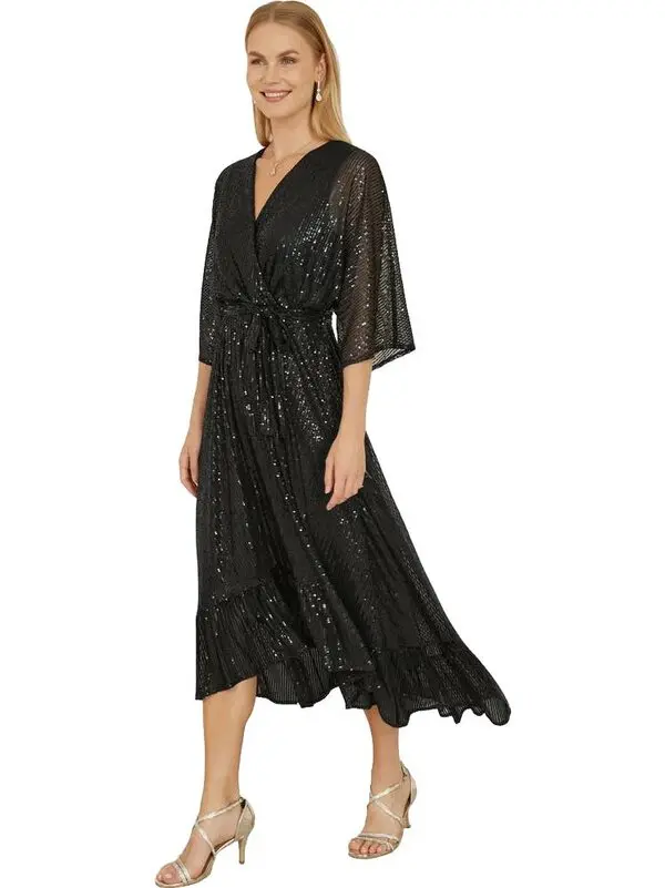 YUMI Sequin Kimono Wrap Midi Dress - Black