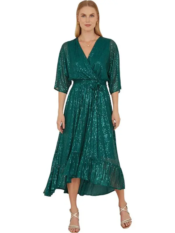 YUMI Sequin Wrap Midi Dress - Green