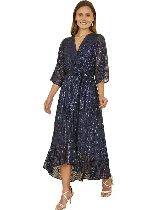 YUMI Sequin Kimono Wrap Midi Dress - Navy