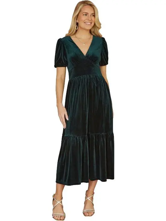 YUMI Velvet Midi Dress With V-neckline And Tiered Skirt - Green