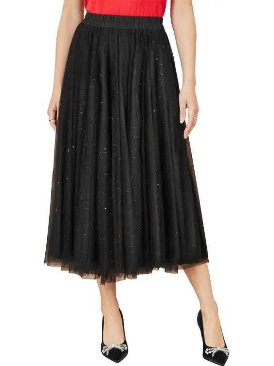 YUMI Sparkle Mesh Tulle Midi Skirt - Black