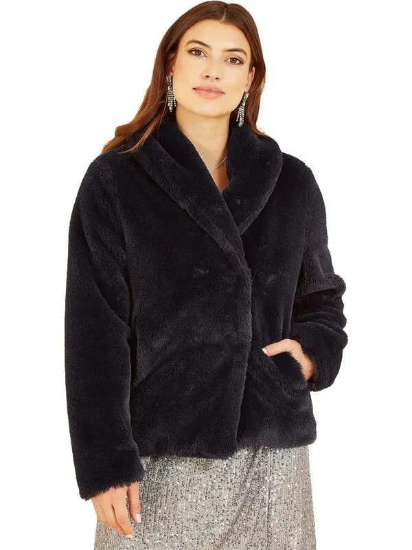 YUMI Short Wrap Faux Fur Coat - Black