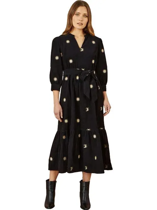 YUMI Cosmic Embroidery Cord Midi Shirt Dress - Black