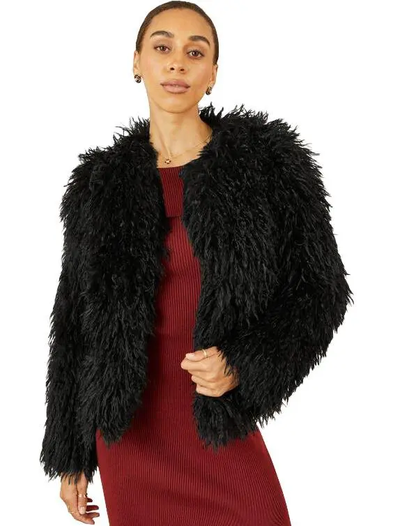 YUMI Cropped Faux Fur Jacket - Black