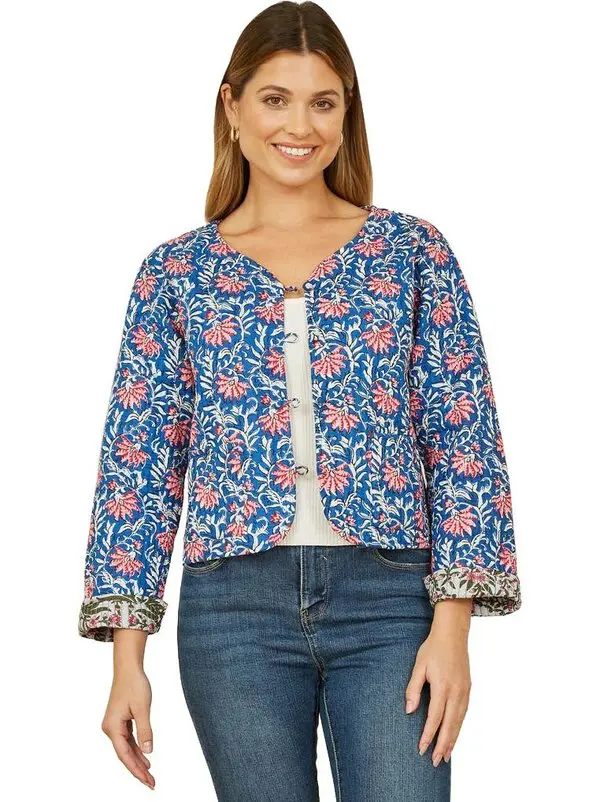 YUMI Reversible Floral Quilted Jacket - Blue/green