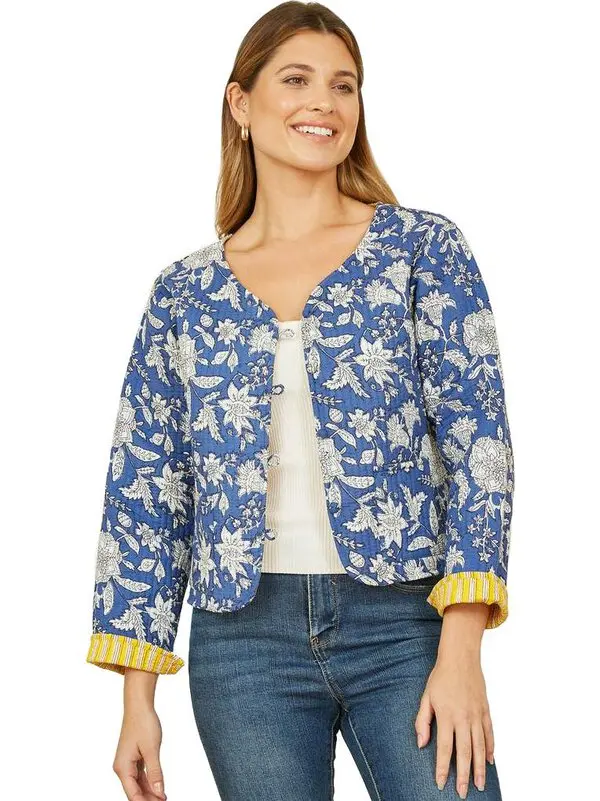 YUMI Reversible Floral Quilted Jacket - Blue/yellow