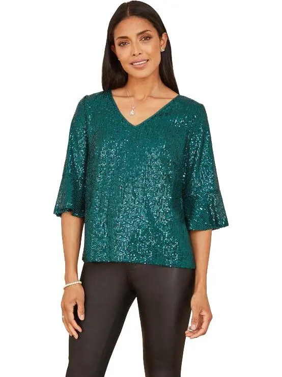 YUMI Fluted Sleeve Sequin Top - Green