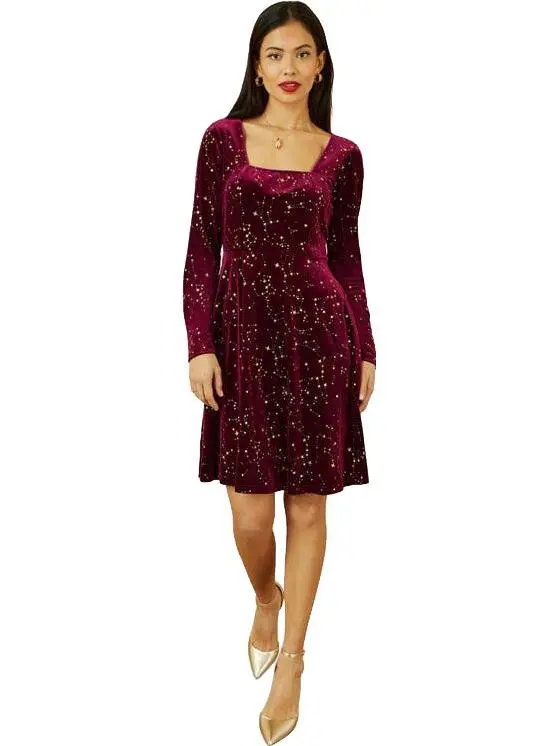YUMI Star Foil Print Skater Dress - Burgundy