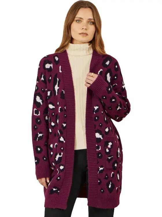 YUMI Animal Intarsia Long Cardigan - Burgundy