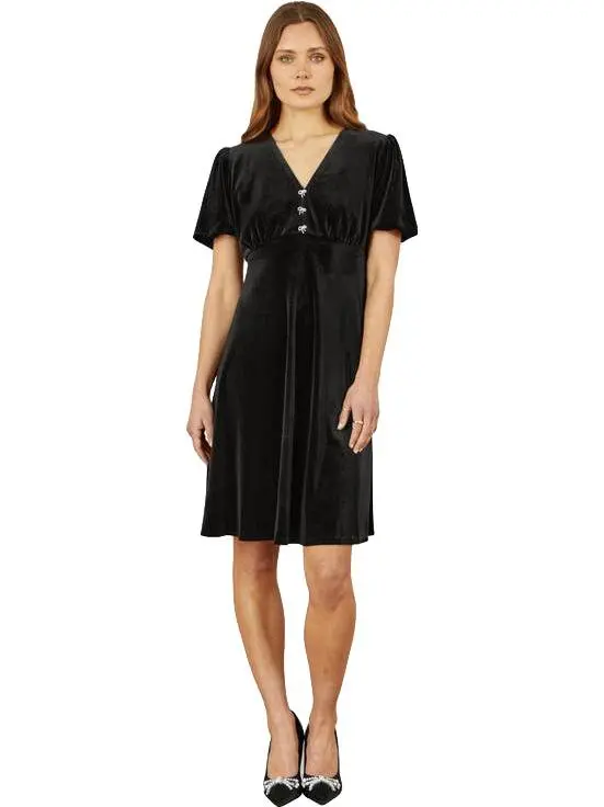 YUMI Velvet Diamante Detail Skater Dress - Black