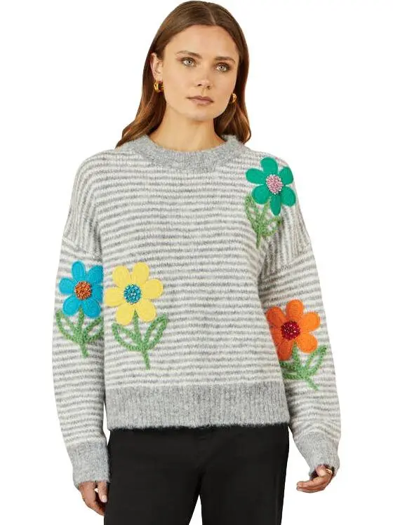 YUMI Striped Floral Applique Sweater - Grey