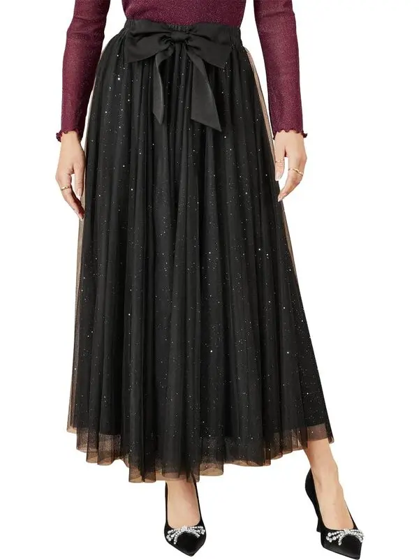 YUMI Satin Bow Sparkle Mesh Tulle Skirt - Black