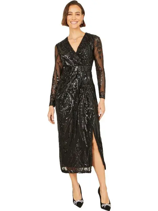 YUMI Sequin Long Sleeve Wrap Midi Dress - Black
