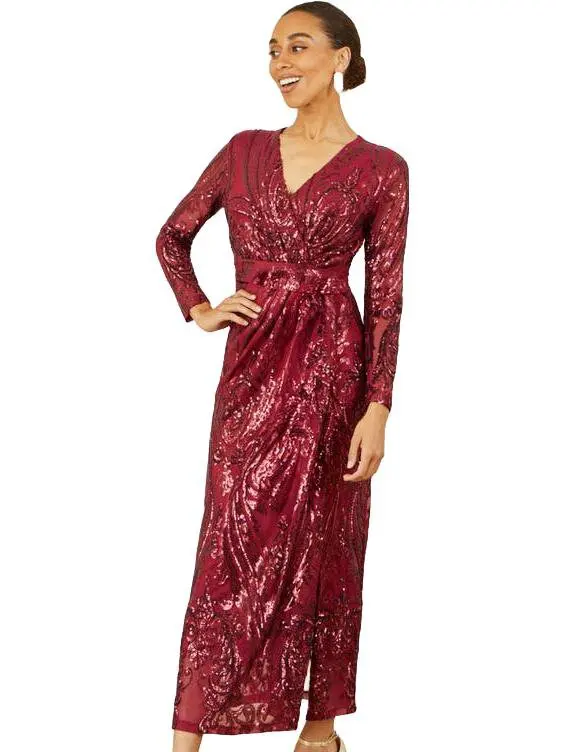 YUMI Sequin Long Sleeve Wrap Midi Dress - Burgundy