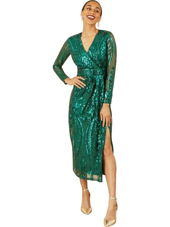 YUMI Sequin Long Sleeve Wrap Midi Dress - Green