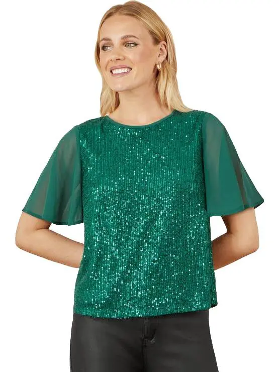 YUMI Sequin Embellished Sheer Sleeve Top - Green