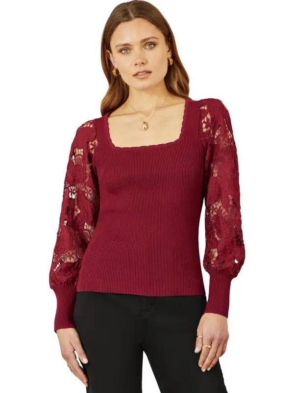 YUMI Ribbed Knitted Lace Sleeve Top - Burgundy