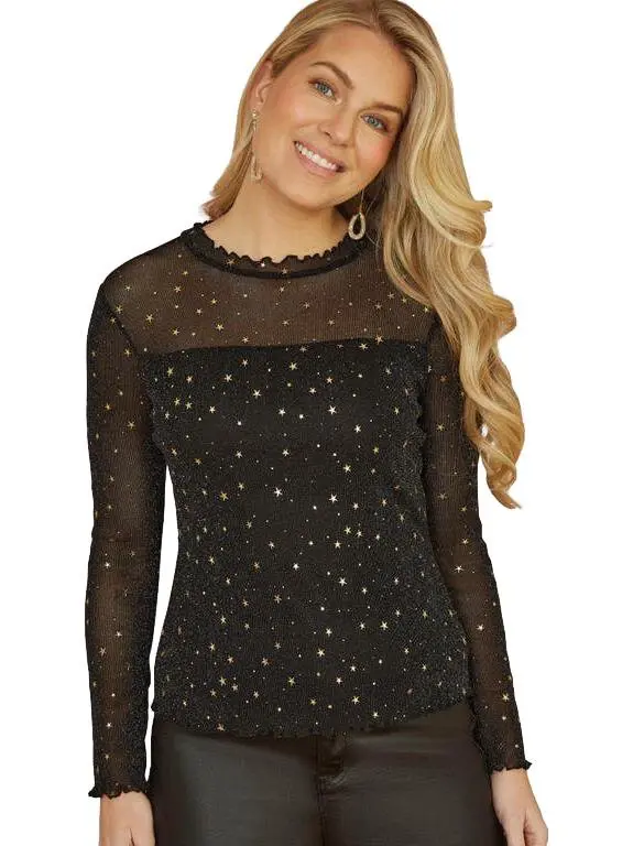YUMI Mesh Star Print Long Sleeve Top - Black
