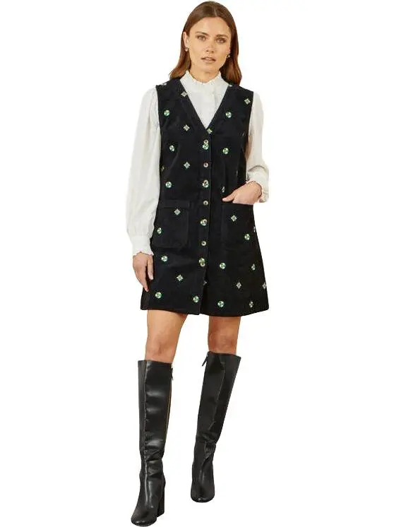 YUMI Embroidered Button Up Cord Pinafore Dress - Black