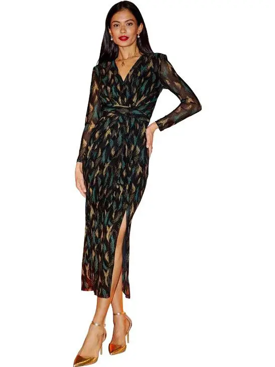 YUMI Metallic Sparkle Mesh Wrap Midi Dress - Black