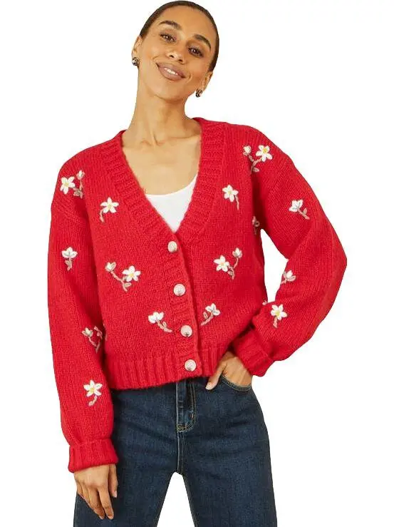 YUMI Hand Embroidered Chunky Knit Cardigan - Red