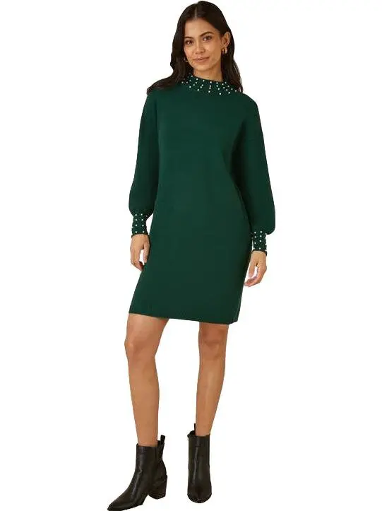 YUMI Bead Detail Knitted Sweater Dress - Green