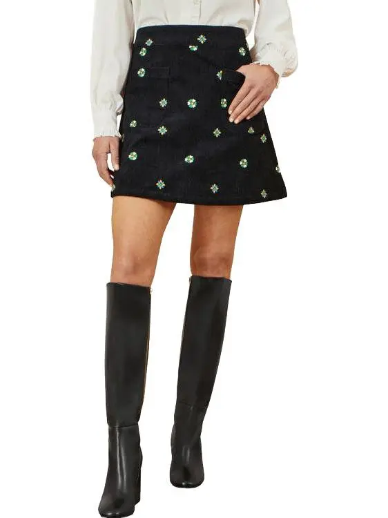 YUMI Flower Embroidered Cord Mini Skirt - Black
