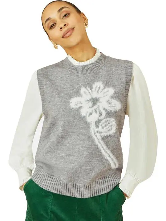 YUMI Knitted Flower Sleeveless Vest - Grey