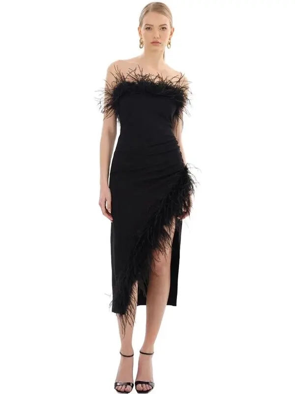 LAMARQUE Strapless Midi Dress With Feathers - Black