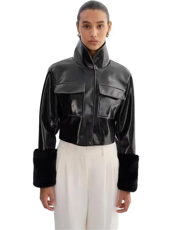 LAMARQUE Hedda Cropped Faux Leather Jacket - Black