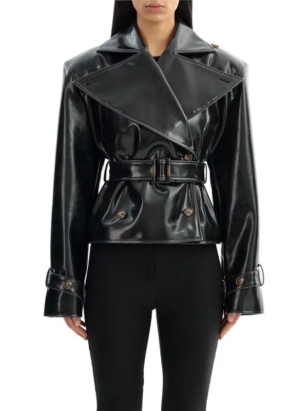LAMARQUE Faux Leather Cropped Trench Coat - Black