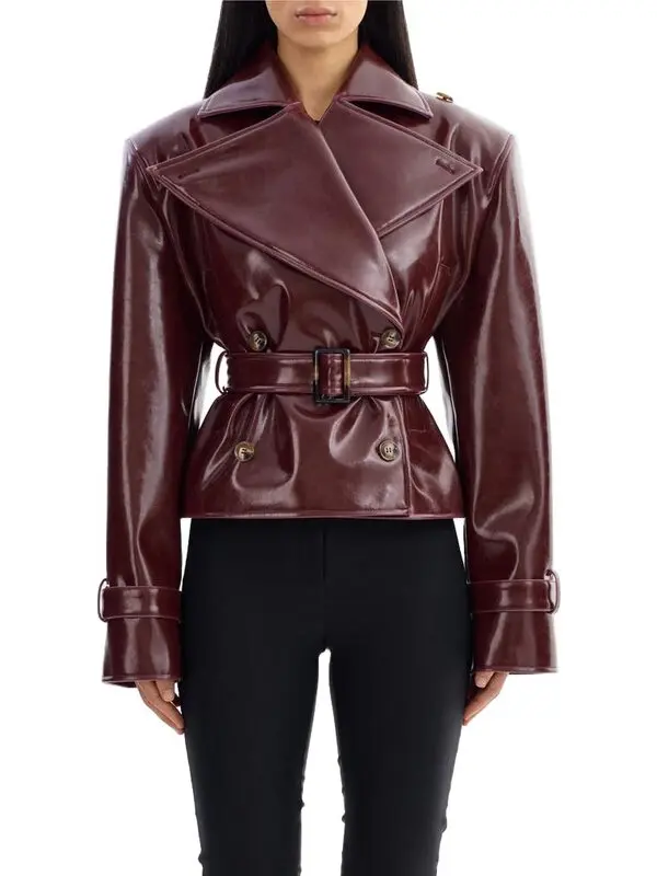 LAMARQUE Faux Leather Cropped Trench Coat - Bordeaux