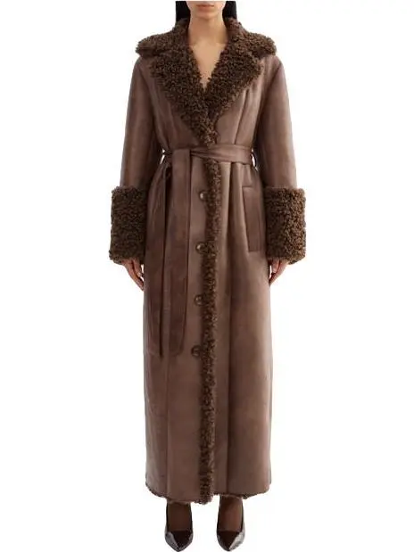 LAMARQUE Mixed Media Maxi Coat - Brown