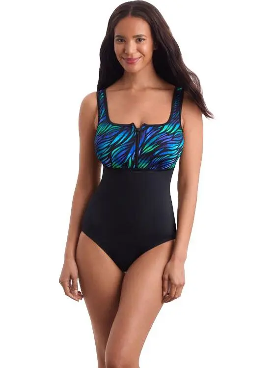 SHAPESOLVER SPORT Scoopneck One-piece Swimsuit - Blue Green Glazed Skin