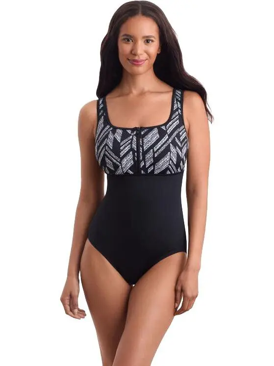 SHAPESOLVER SPORT Scoopneck One-piece Swimsuit - Herringbone Shift