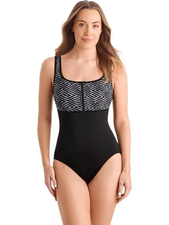 SHAPESOLVER SPORT Scoopneck One-piece Swimsuit - In Graphic Details