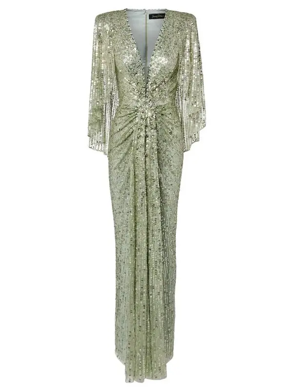 Jenny Packham Carrie Caped Embellished Gown - Green