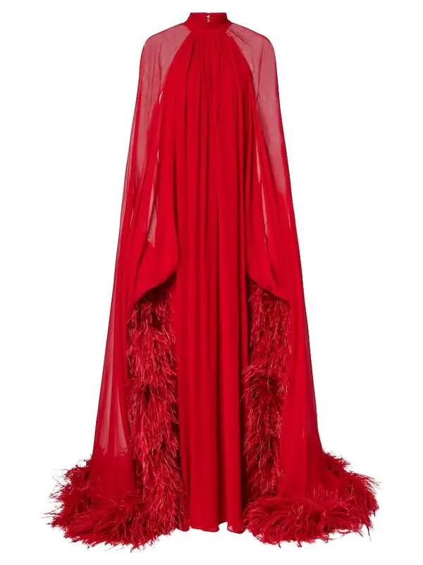 TALLER MARMO Eterea Feather-trimmed Gown - Red
