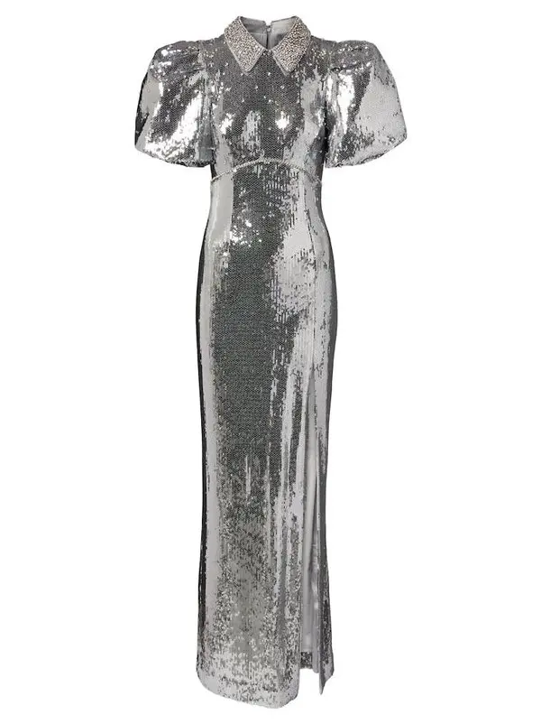 Rebecca Vallance Olympia Sequined Gown With Puff Sleeves - Silver